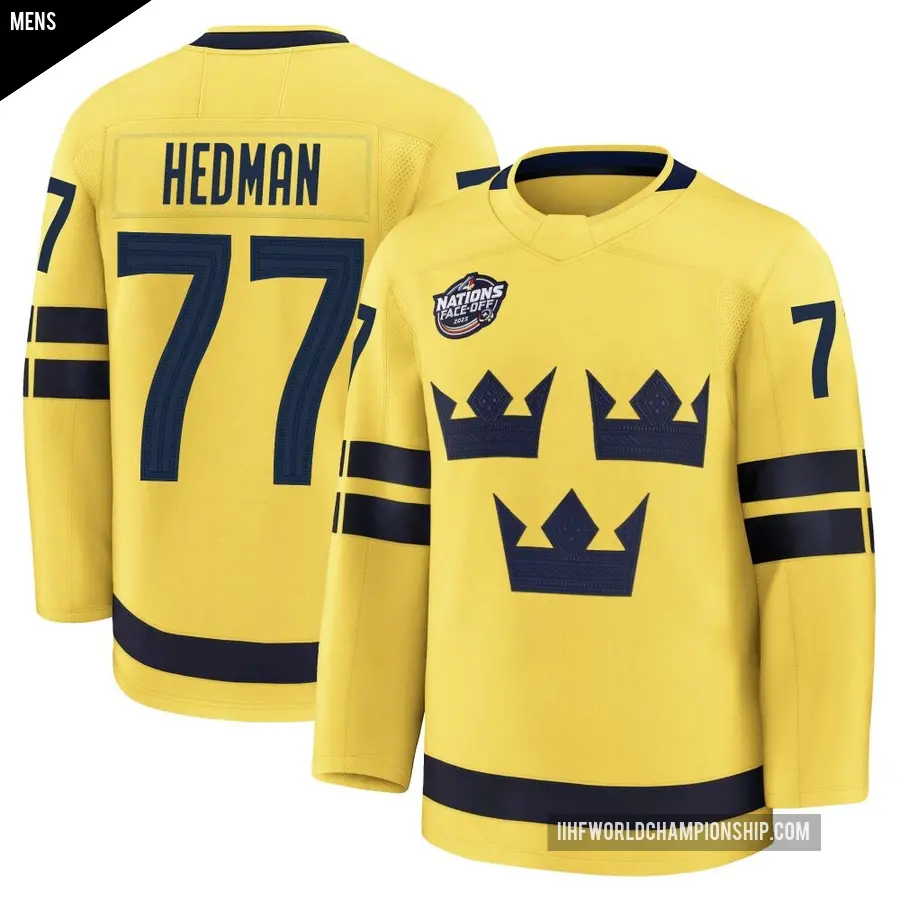 Men's Team Sweden ＃77 Victor Hedman Yellow Premium Hockey 2026 Olympic ...