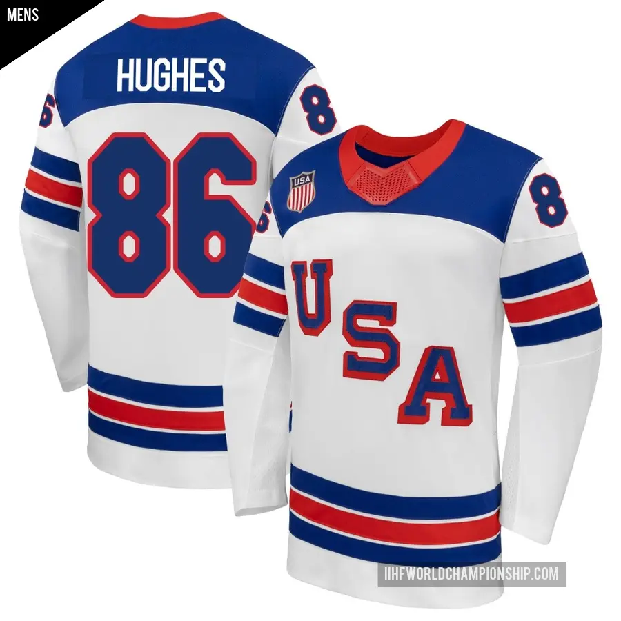 Men's Team USA ＃86 Jack Hughes Royal Premium Hockey 2026 Olympic Home ...