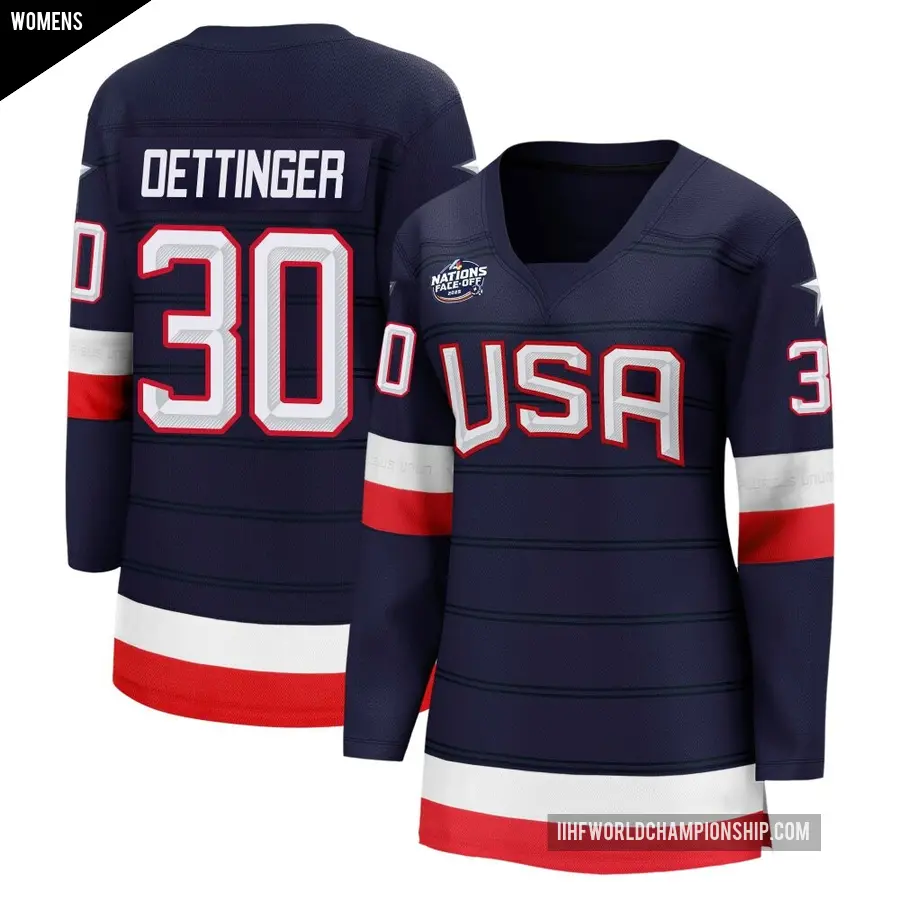 Men's Team USA ＃30 Jake Oettinger Navy Premium 2025 4 Nations Face-Off ...