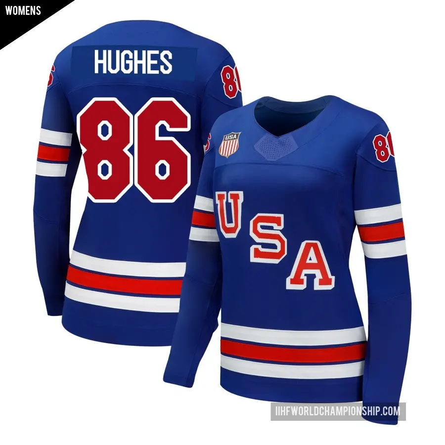 Men's Team USA ＃86 Jack Hughes Royal Premium Hockey 2026 Olympic Home ...