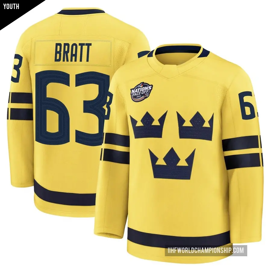 Men's Team Sweden ＃63 Jesper Bratt Yellow Premium 2025 4 Nations Face ...