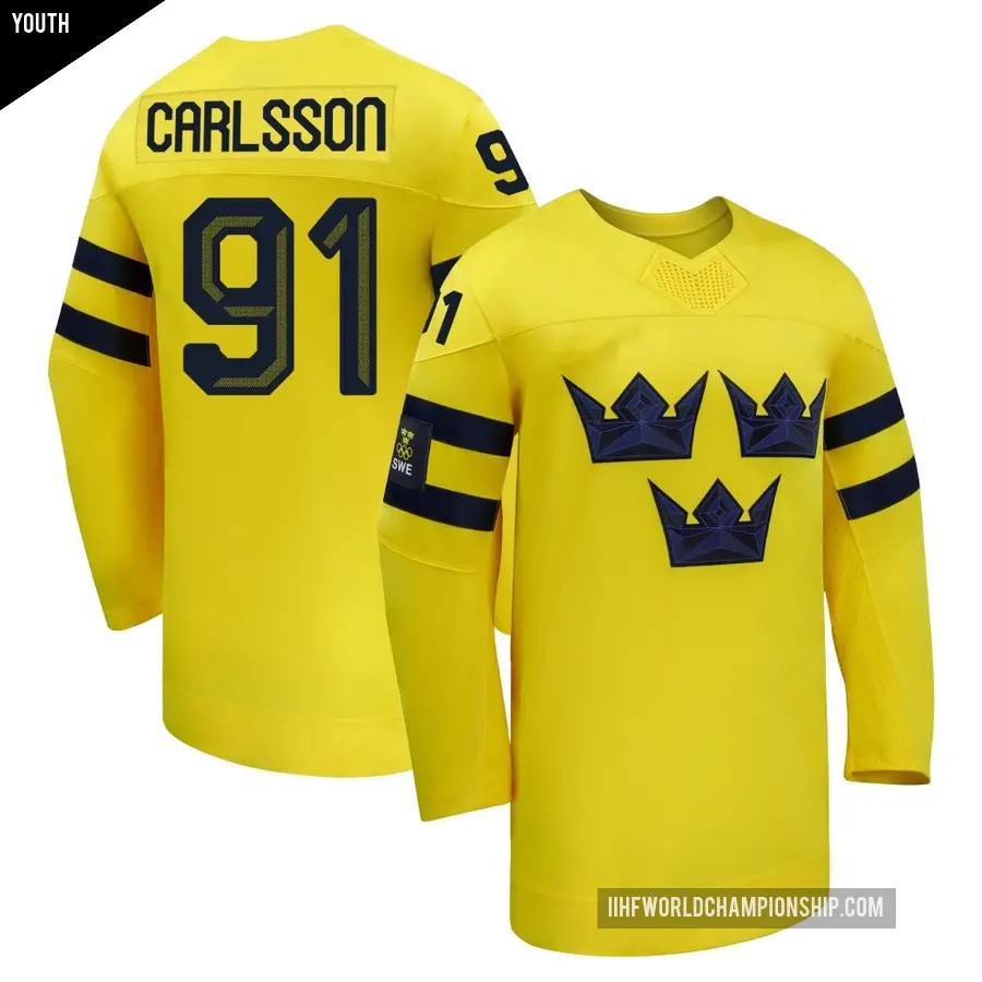 Men's Team Sweden ＃91 Leo Carlsson Yellow Premium Hockey 2026 Olympic ...